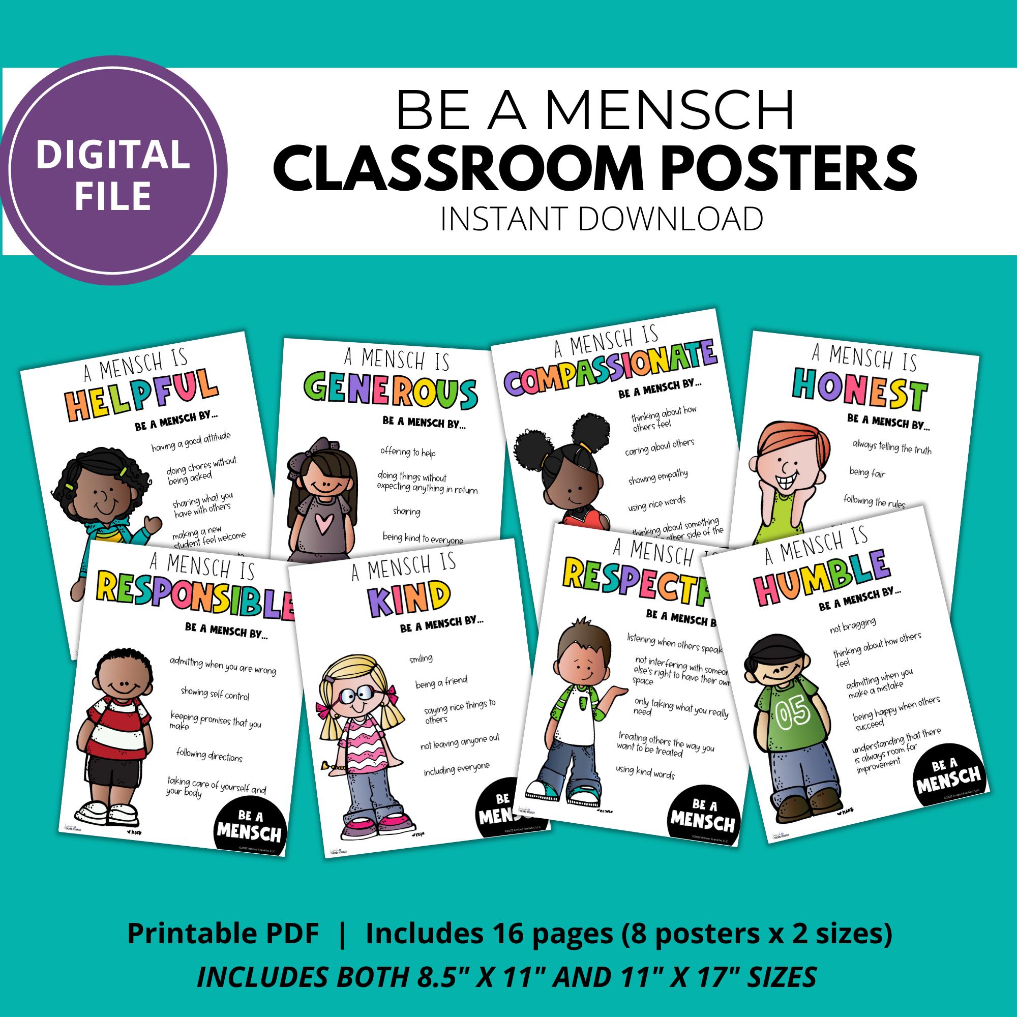 Be a Mensch Classroom Posters | Jewish Classroom Decor | Jewish Values ...