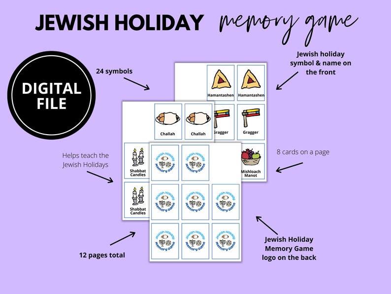Jewish Holiday Memory Game | Jewish Games for Kids | Printable Jewish ...