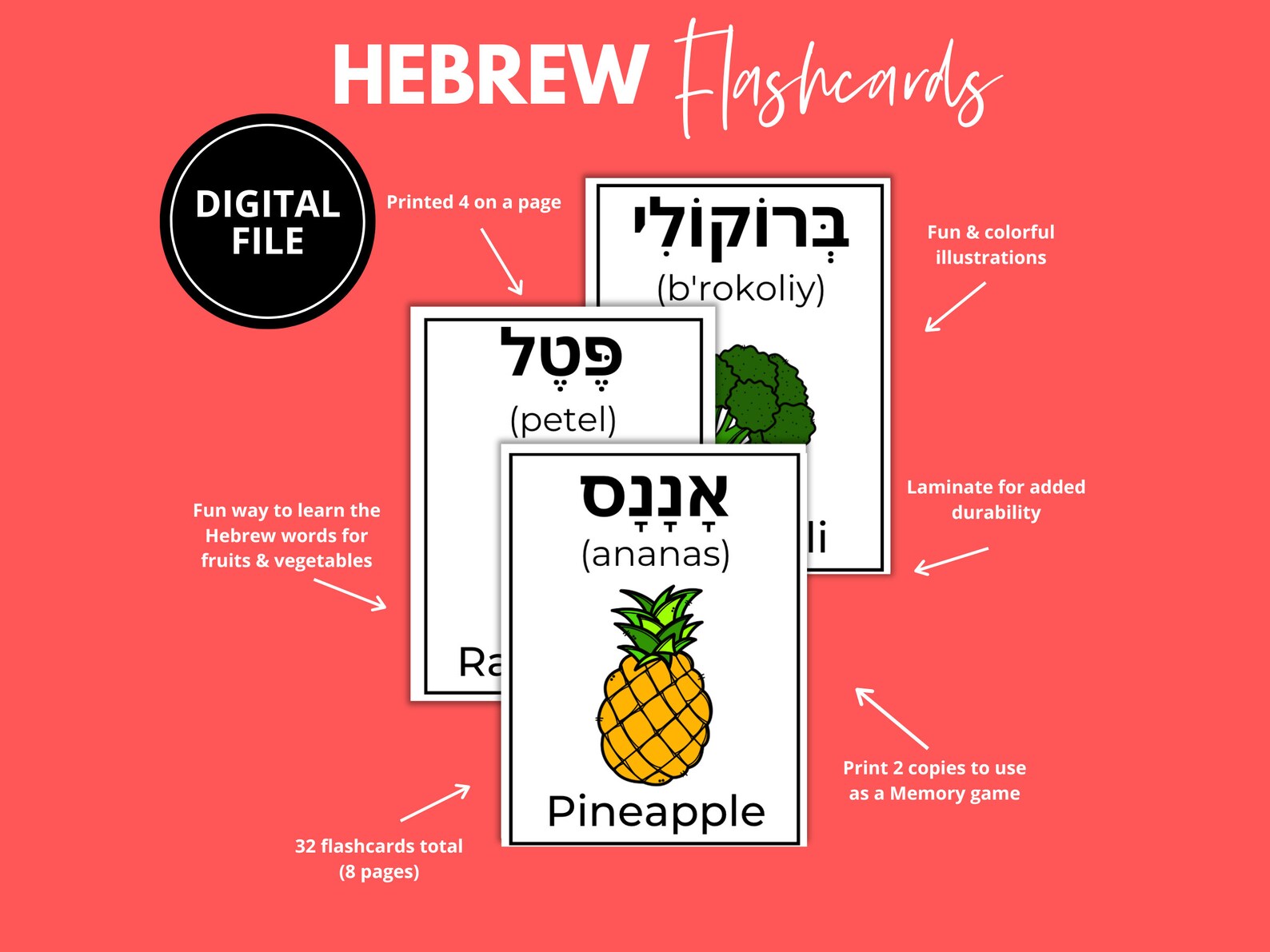 Hebrew Flashcards Fruit & Vegetables - Etsy