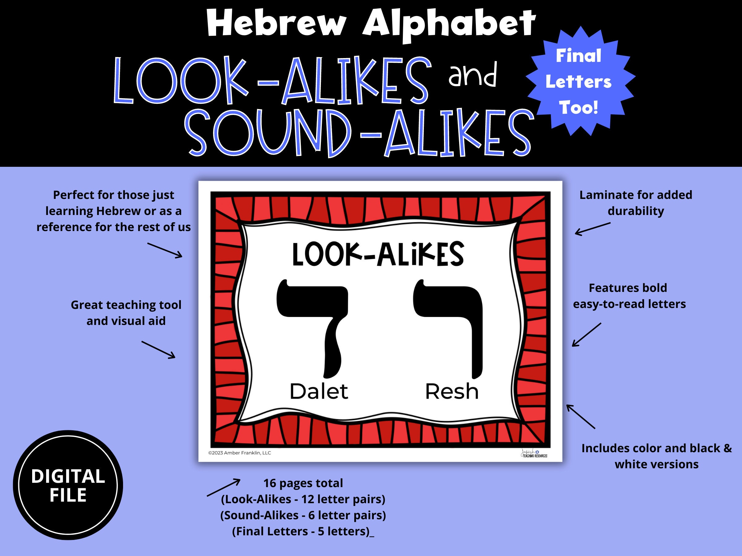 Hebrew Alphabet (aleph-bet) Posters - Look Alikes, Sound Alikes, Final ...