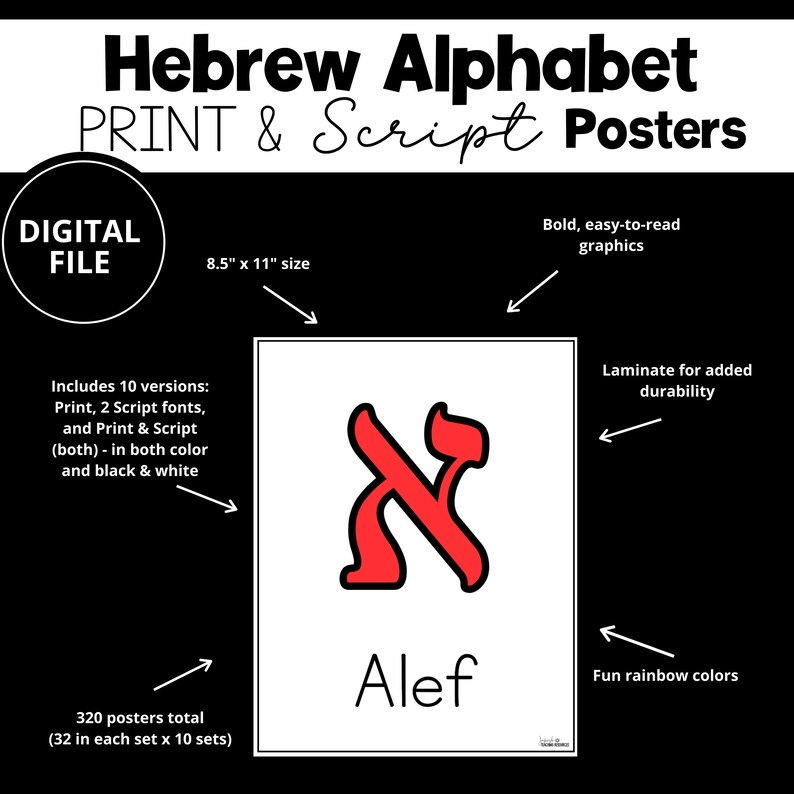 Hebrew Alphabet Alef-bet Posters - Print, Script, Print & Script - Etsy