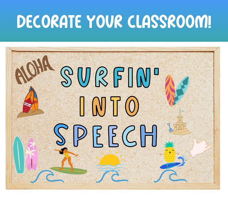 Speech Bulletin Kit Summer Theme: Surfin' Into Speech Classroom Decor ...