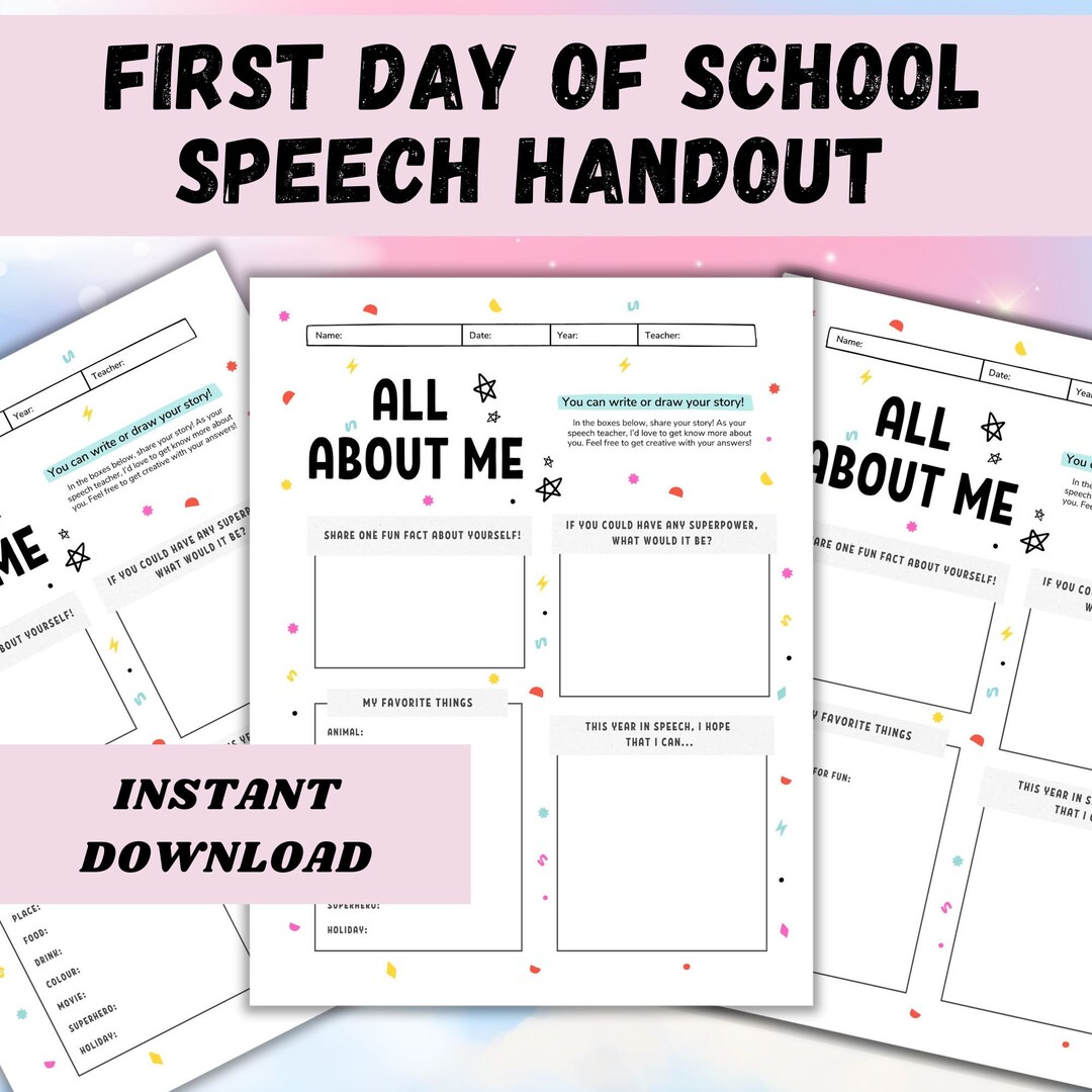 First Day of Speech Printable, First Day of School, All About Me ...