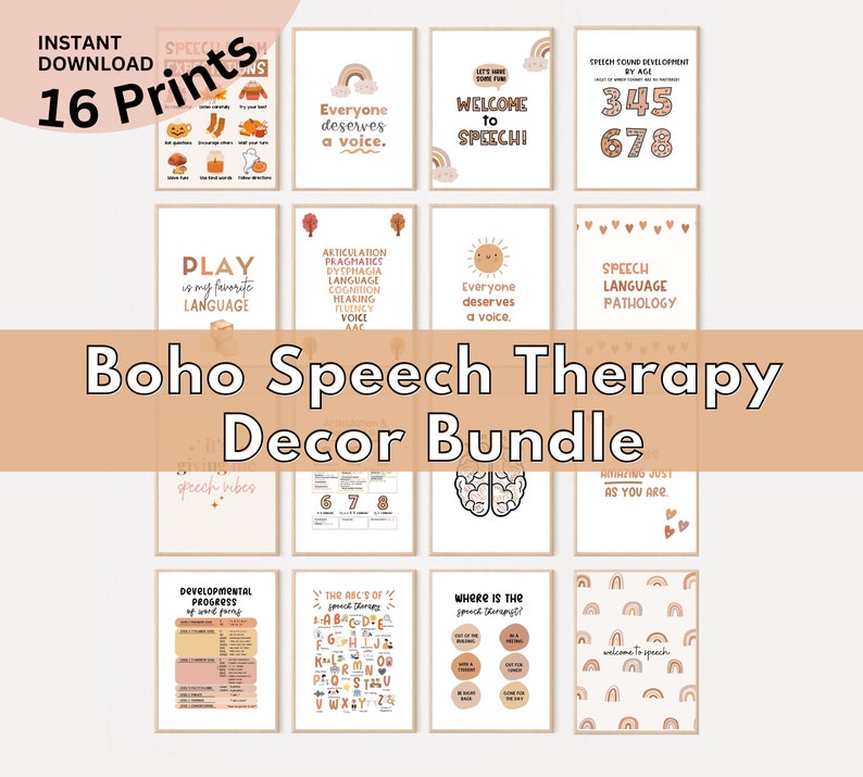 Boho Speech Therapy Decor Bundle, Set of 16, Printable Speech Room ...