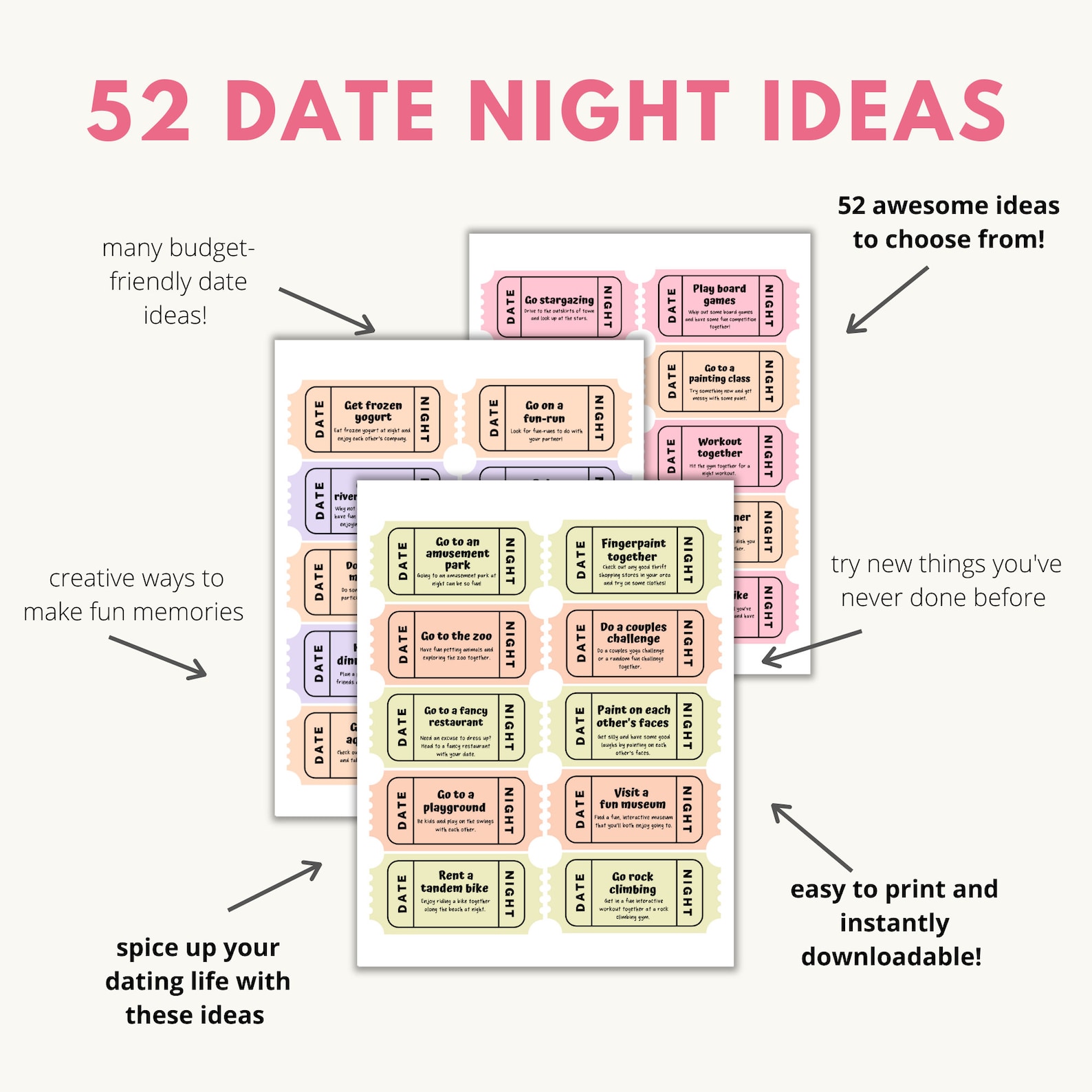 52 Date Night Cards, Printable Date Card Ideas, Date Night Tickets ...