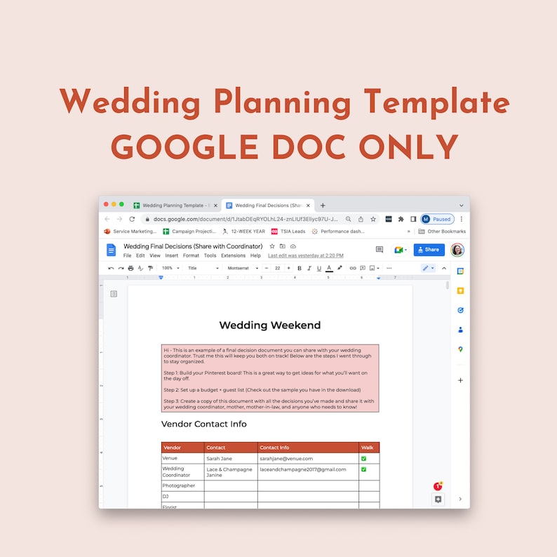Wedding Planning - Google Doc ONLY - Etsy