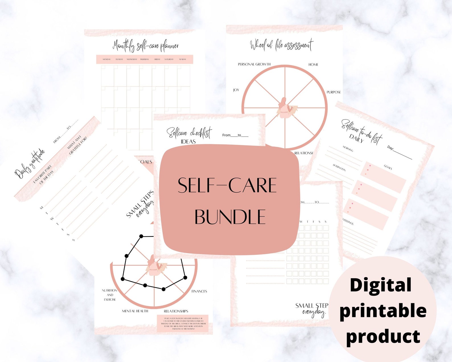 Selfcare Printable Bundle| Wellness and Health Planner|wheel of Life ...