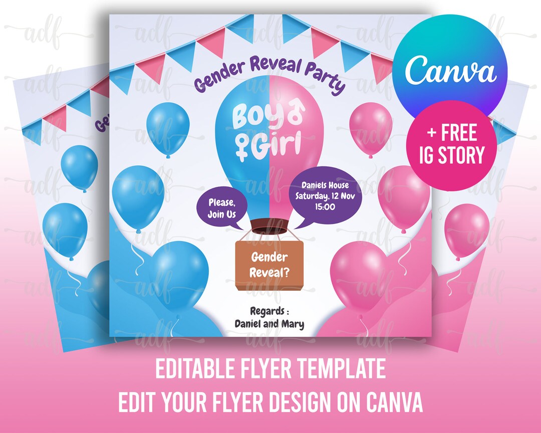 GENDER REVEAL FLYER, Baby Shower Canva, Its a Girl Boy Flyer, Gender ...