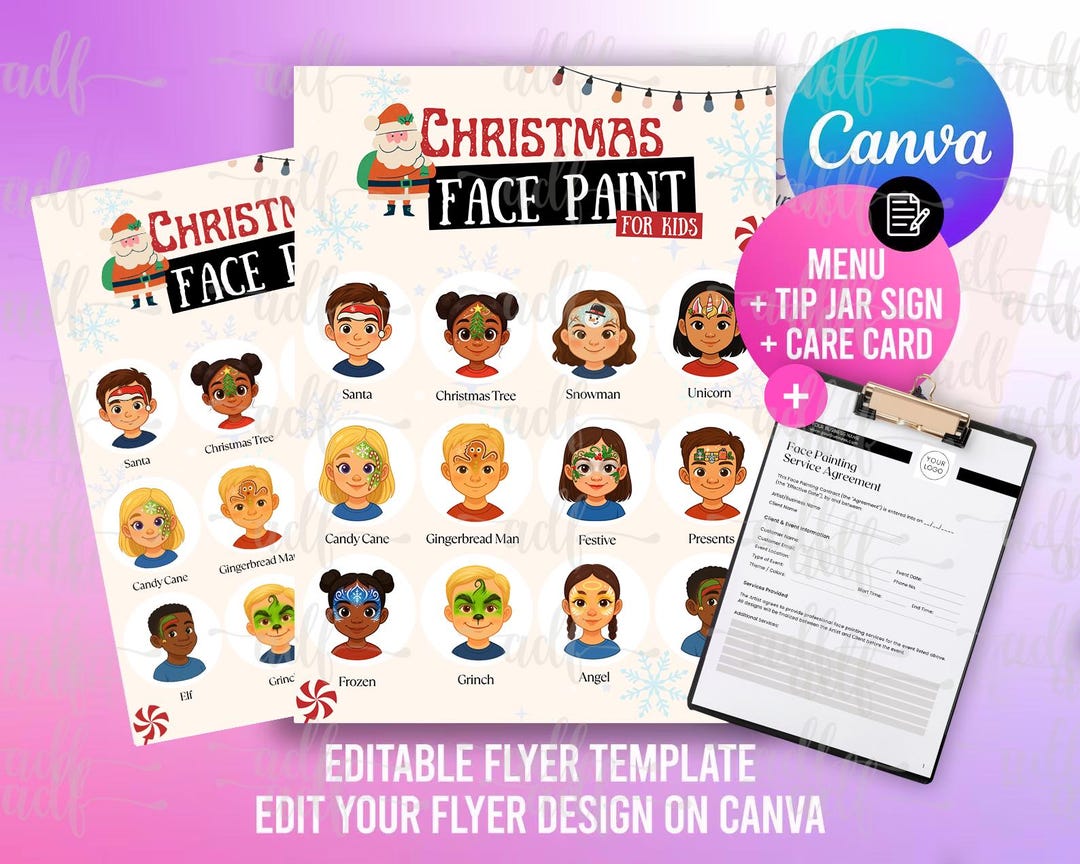 Christmas Face Painting Menu 12 Designs & Tip Jar Templates: Canva ...