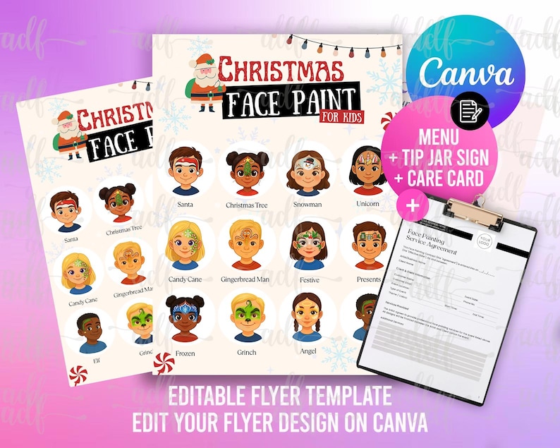 Christmas Face Painting Menu 12 Designs & Tip Jar Templates: Canva ...