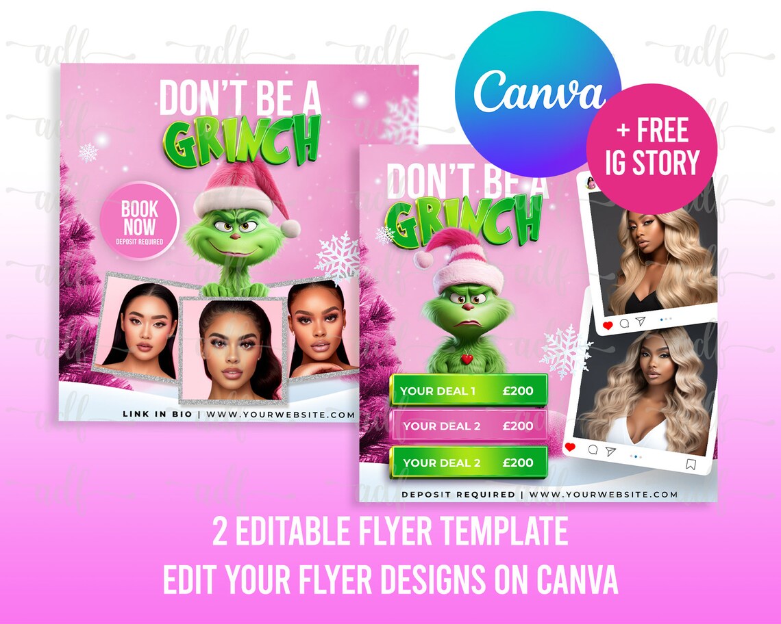 Christmas Grinch Flyer Template: Hair, Lashes, Nails (DIY Canva Design ...