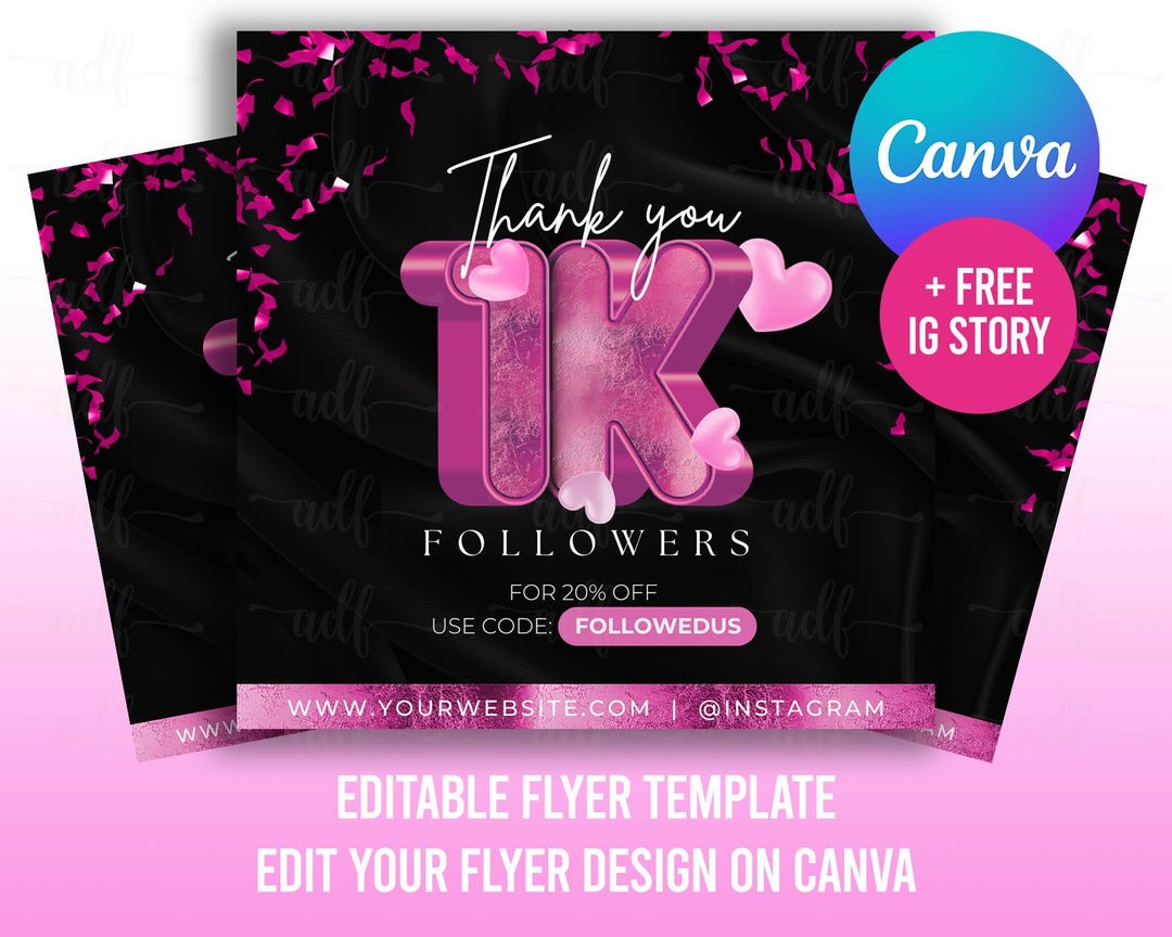 Pink 1K Followers Celebration Flyer Canva Template | Editable Beauty ...