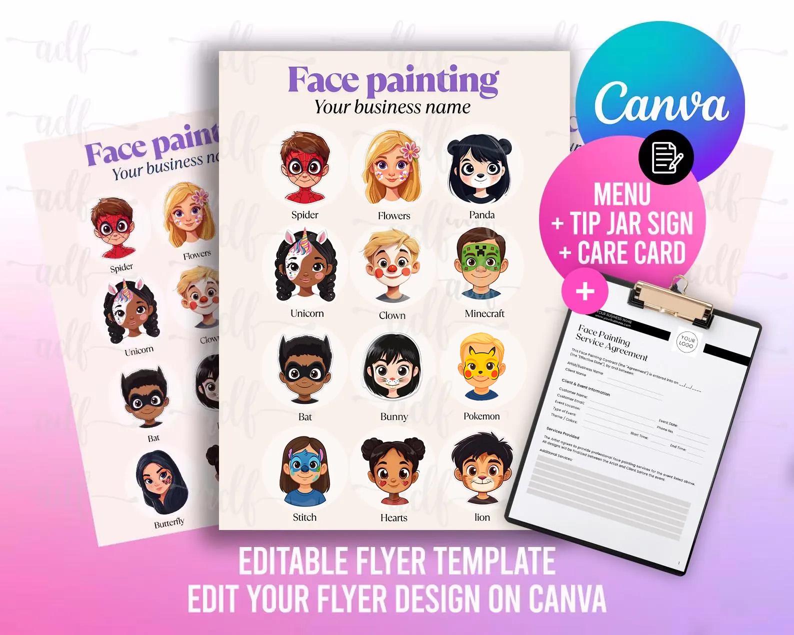 Face Painting Menu & Tip Jar Templates: 20+ Designs (canva Editable ...