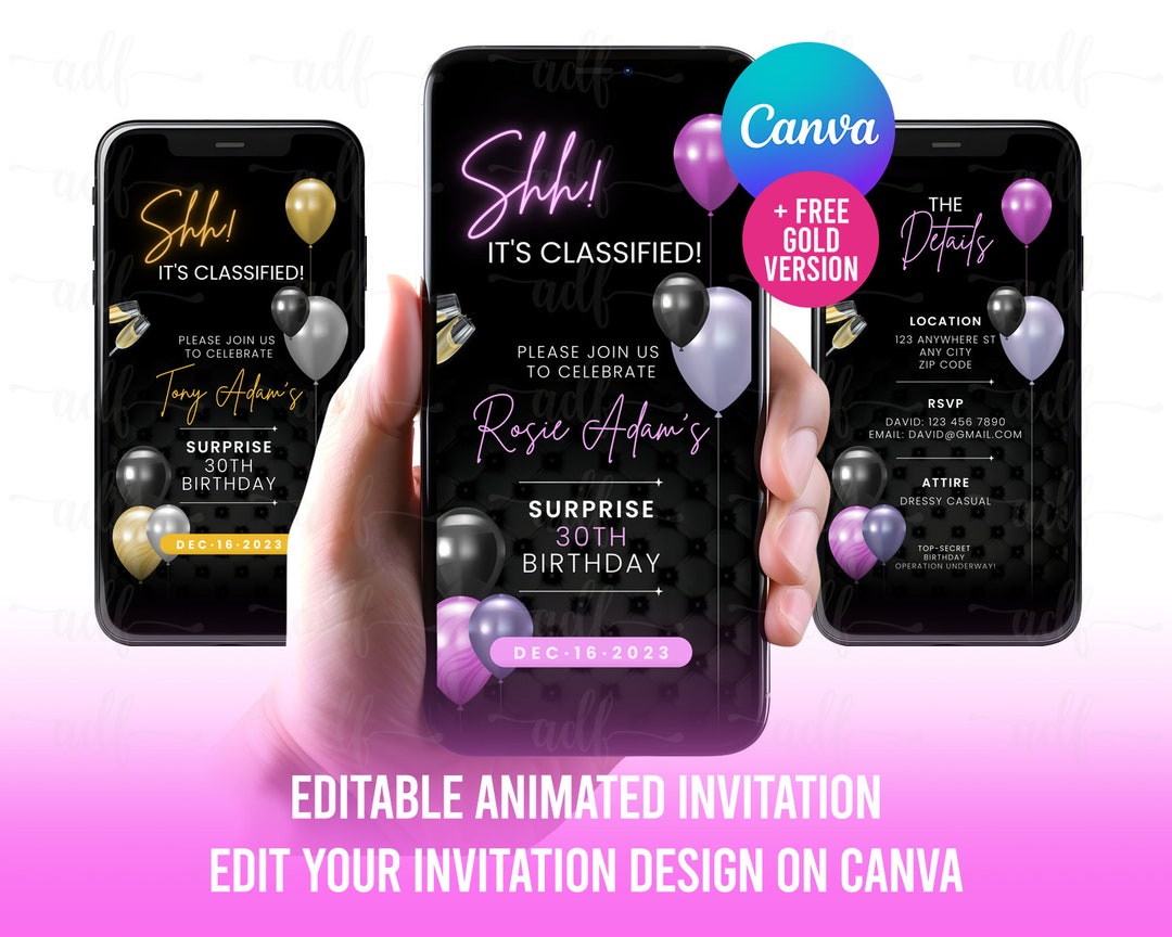 Surprise Birthday Party Video Invitation: Pink & Gold, Animated (canva ...