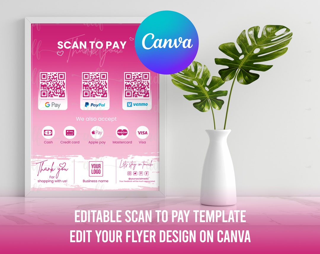 PINK Scan to Pay, Editable QR Code Sign, Printable Payment Sign, Scan ...