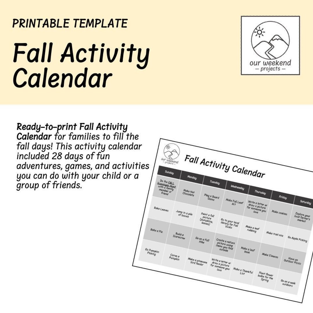 Printable Fall/ Autumn Activity Calendar, Kids Activity Challenge ...