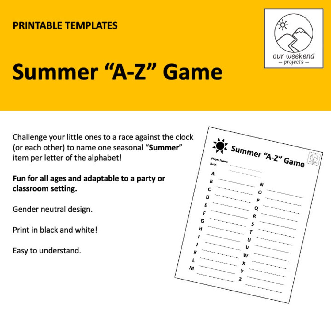 Printable Summer a-z Game for Families and Kids, Ready-to-print PDF ...