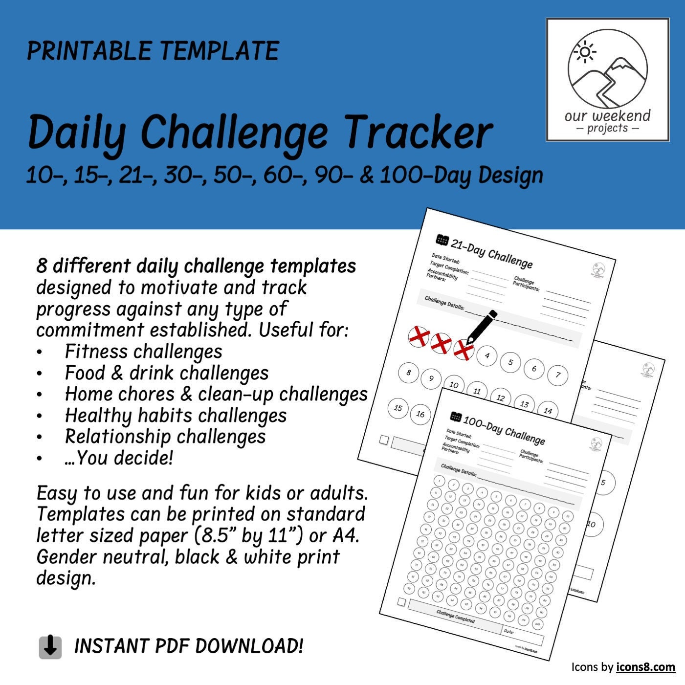 Printable Goal Tracker for 10, 15, 21, 30, 50, 60, 90&100 Day Challenge ...