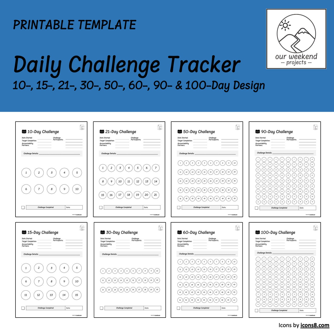 Printable Goal Tracker for 10, 15, 21, 30, 50, 60, 90&100 Day Challenge ...