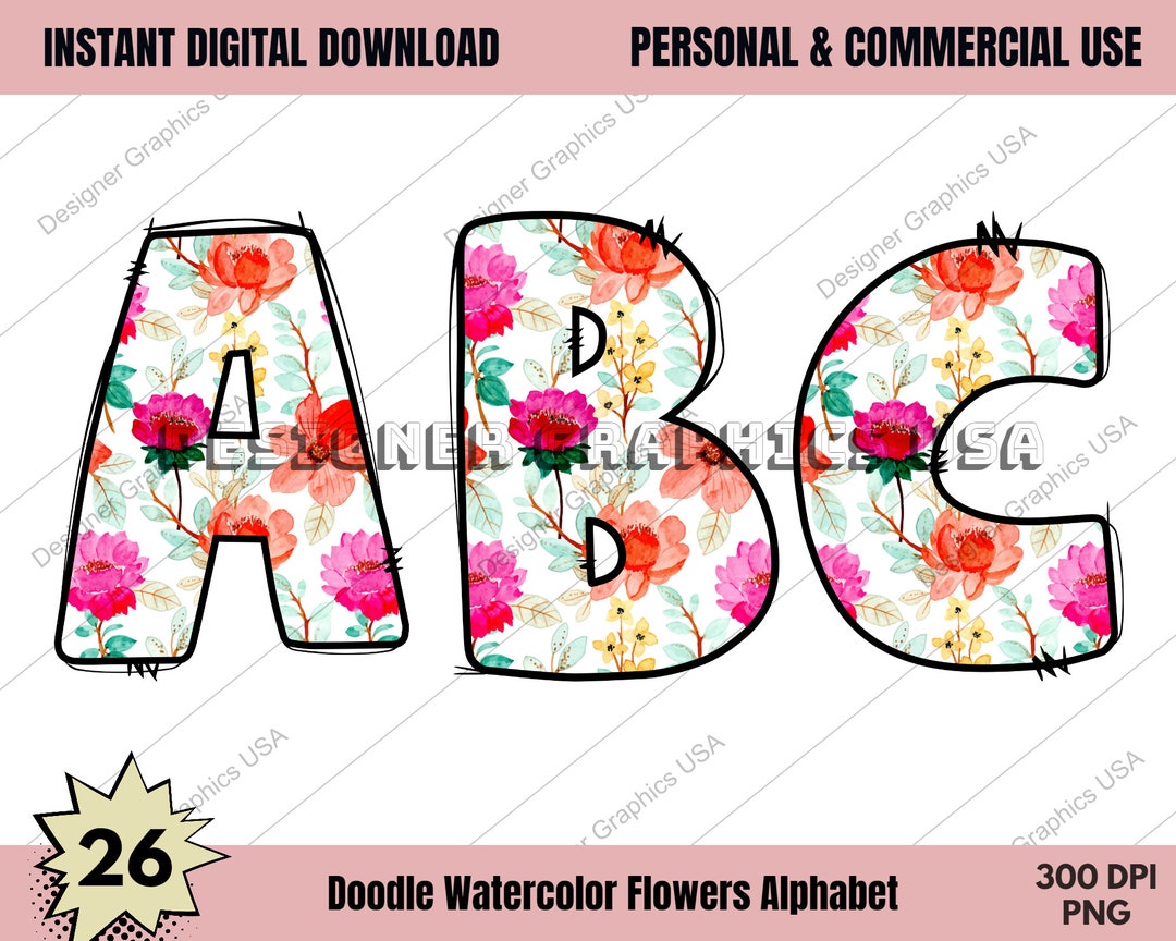 Watercolor Floral Doodle Font PNG, Commercial Use,sublimation, Doodle ...