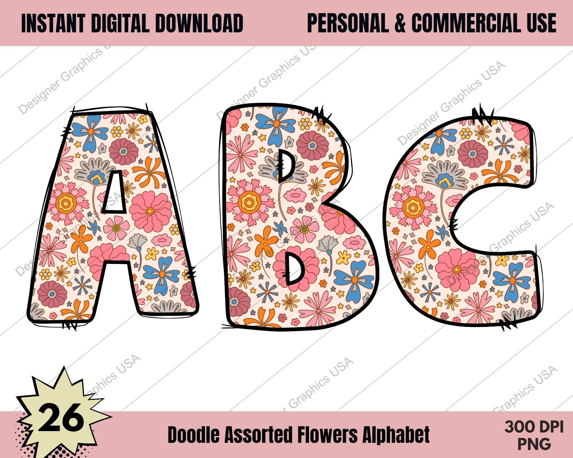 Boho Floral Doodle Font PNG, Commercial Use,sublimation,boho Doodle ...