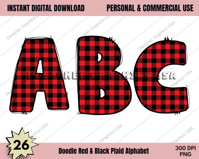 Buffalo Plaid Doodle Alphabet PNG, Commercial Use,sublimation, Doodle ...