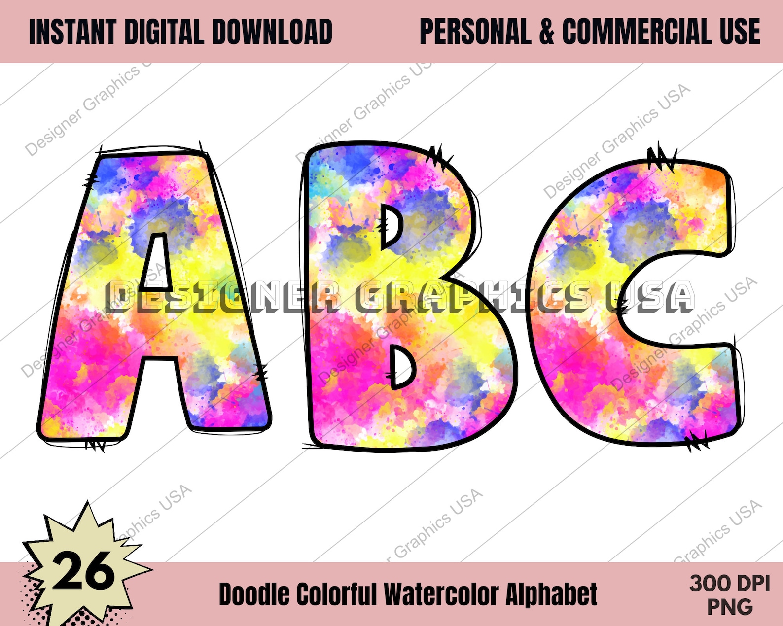 Rainbow Ink Watercolor PNG Doodle Letters,watercolor Doodle Font PNG ...