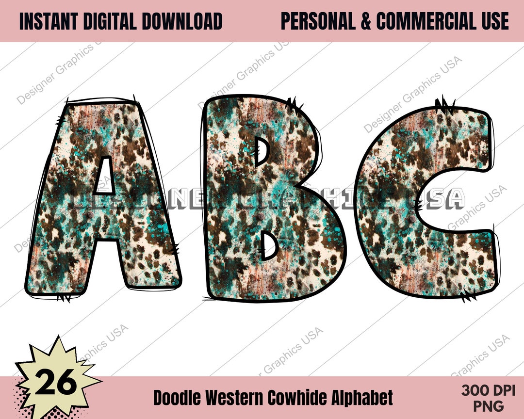 Cowhide Doodle Font PNG, Commercial Use,sublimation, Doodle Font Bundle ...