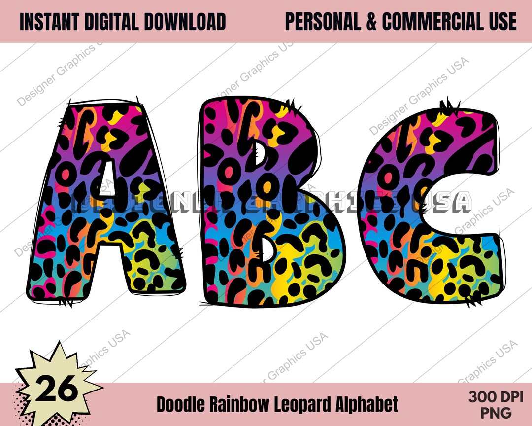 Rainbow Leopard Doodle Font PNG, Commercial Use,sublimation, Doodle ...