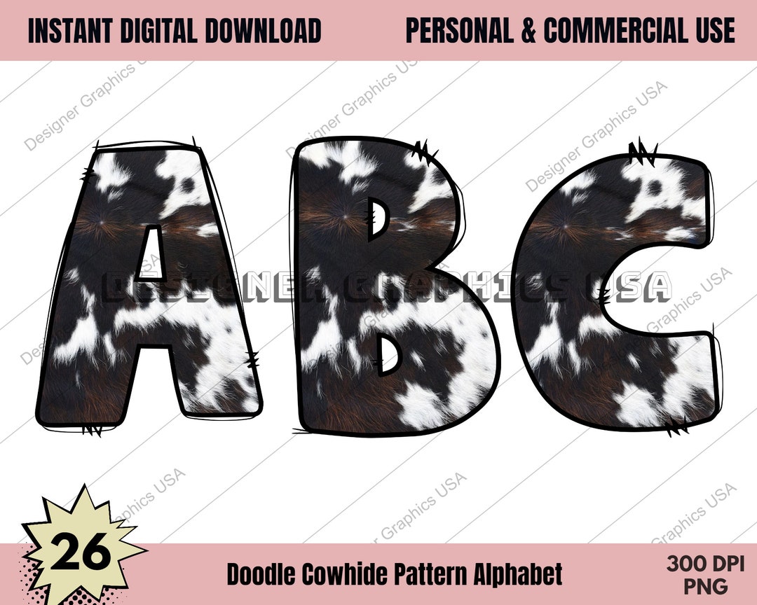 Cowhide Doodle Font PNG, Commercial Use,sublimation, Doodle Font Bundle ...