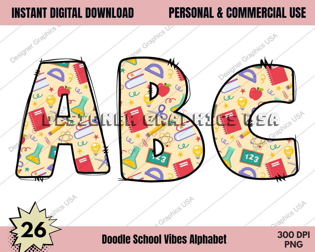 School Doodle Font PNG, Commercial Use,sublimation,notebook Doodle Font ...