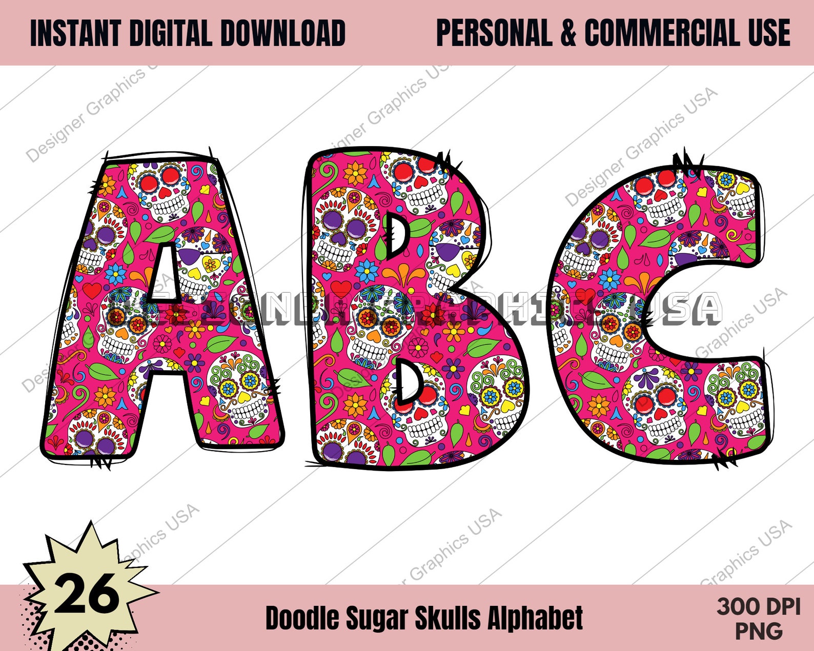 Sugar Skull Doodle Alphabet PNG Commercial Usesublimation - Etsy