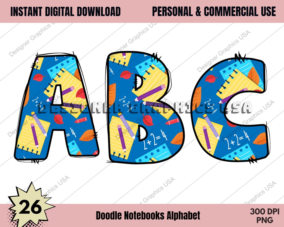 School Doodle Font PNG, Commercial Use,sublimation,notebook Doodle Font ...