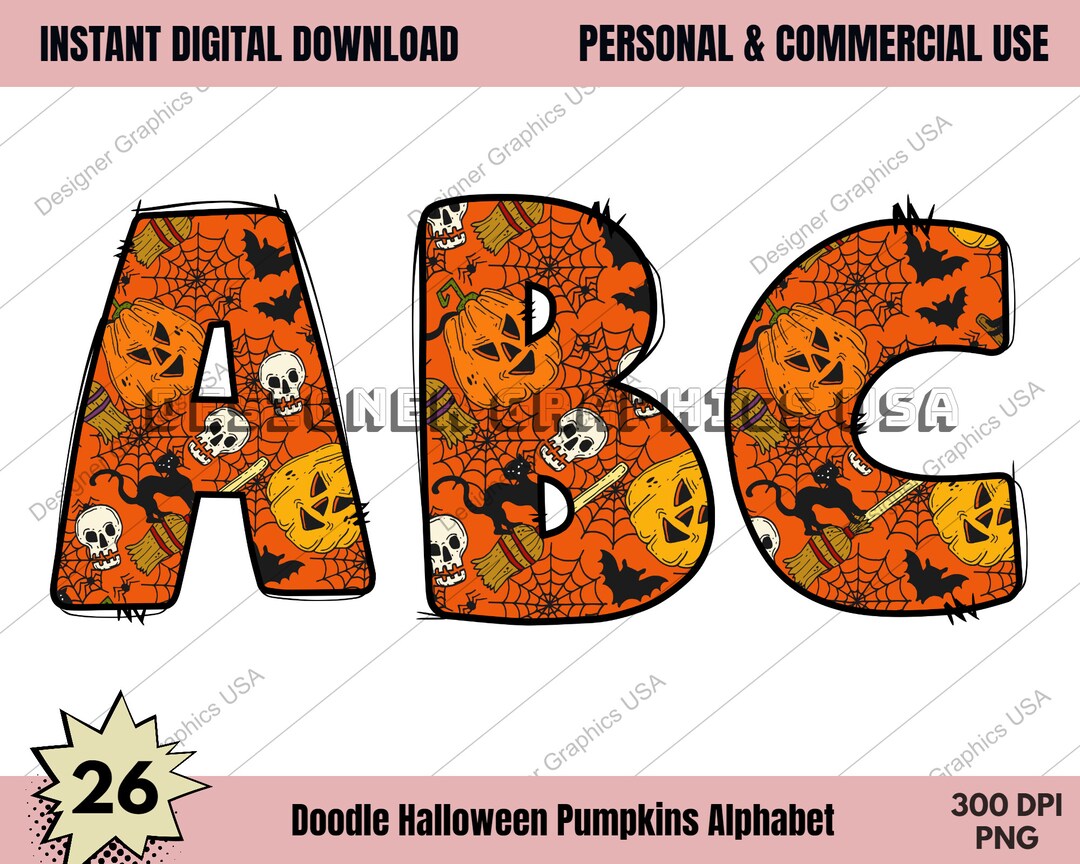 Doodle Alphabet Halloween PNG, Commercial Use,sublimation, Doodle Font ...