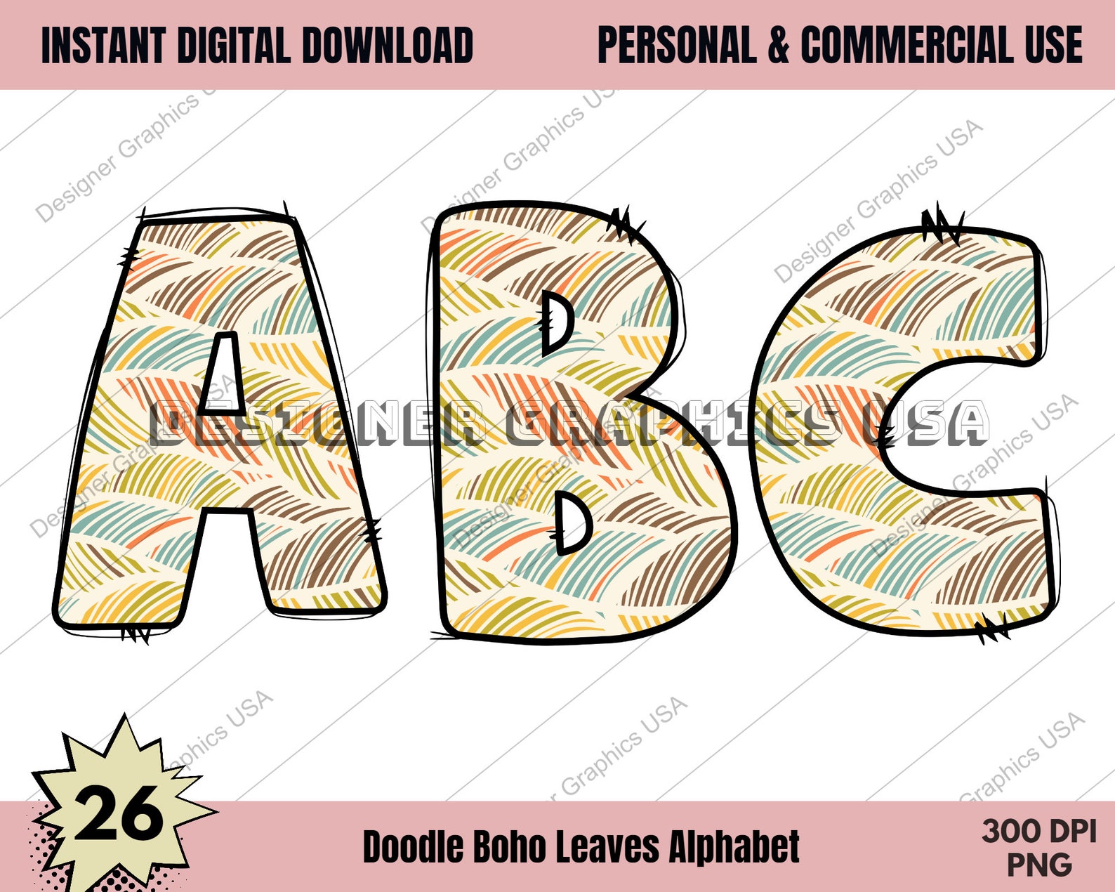 Boho Doodle Font PNG, Commercial Use,sublimation,boho Doodle Font ...
