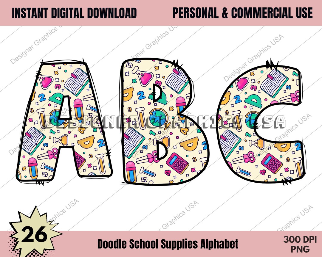 School Doodle Font PNG, Commercial Use,sublimation,notebook Doodle Font ...