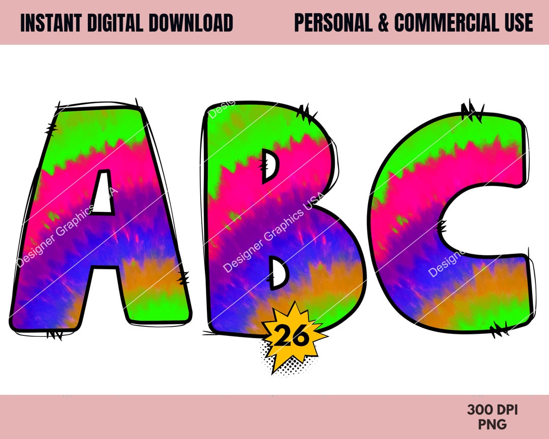 Rainbow Ink Watercolor Png,tie Dye Doodle Font Png,commercial Use ...