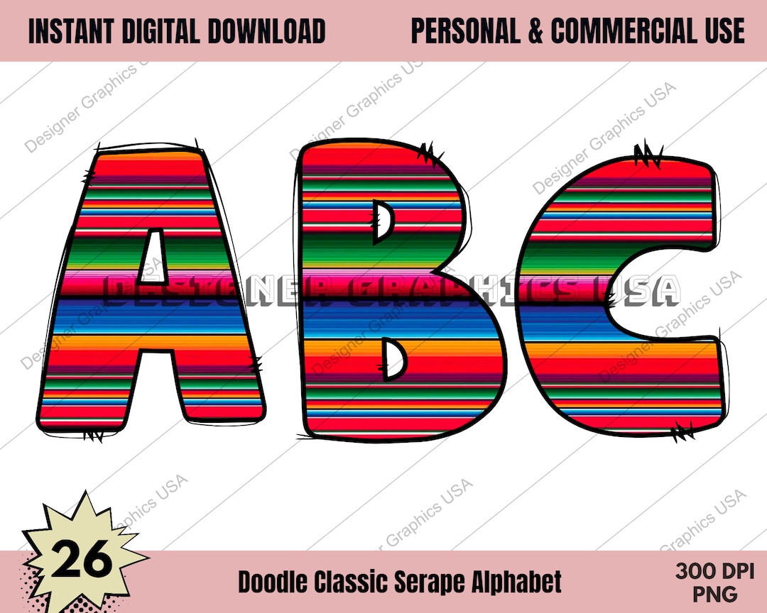 Serape Doodle Alphabet PNG, Commercial Use,sublimation, Doodle Font ...