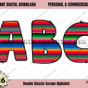 Serape Doodle Alphabet PNG, Commercial Use,sublimation, Doodle Font ...