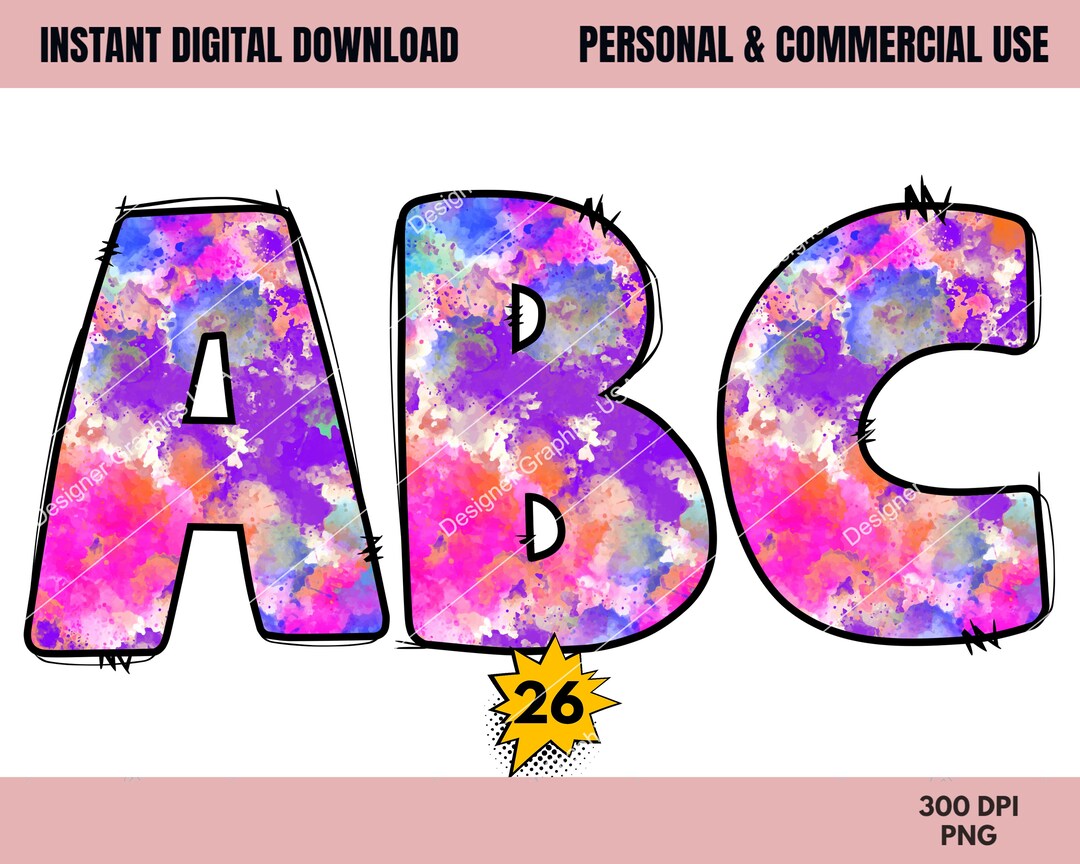 Rainbow Ink Watercolor Png,tie Dye Doodle Font Png,commercial Use ...