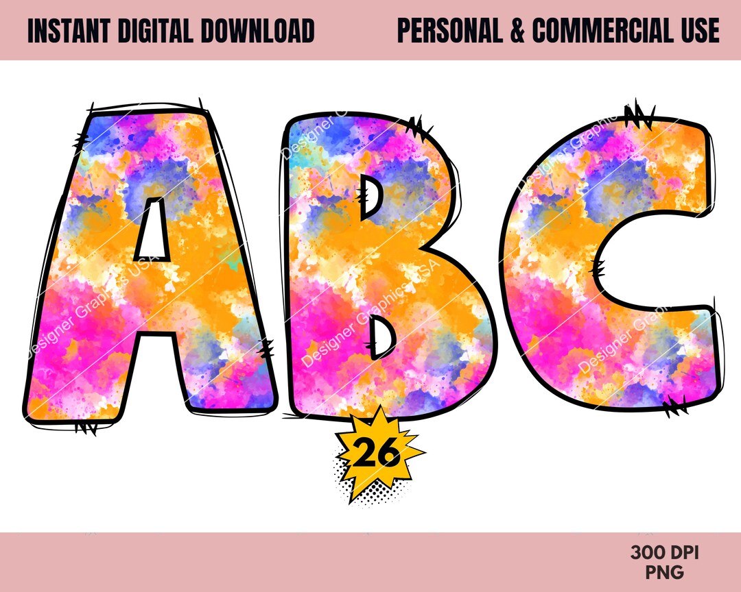 Rainbow Ink Watercolor Png,tie Dye Doodle Font Png,commercial Use ...