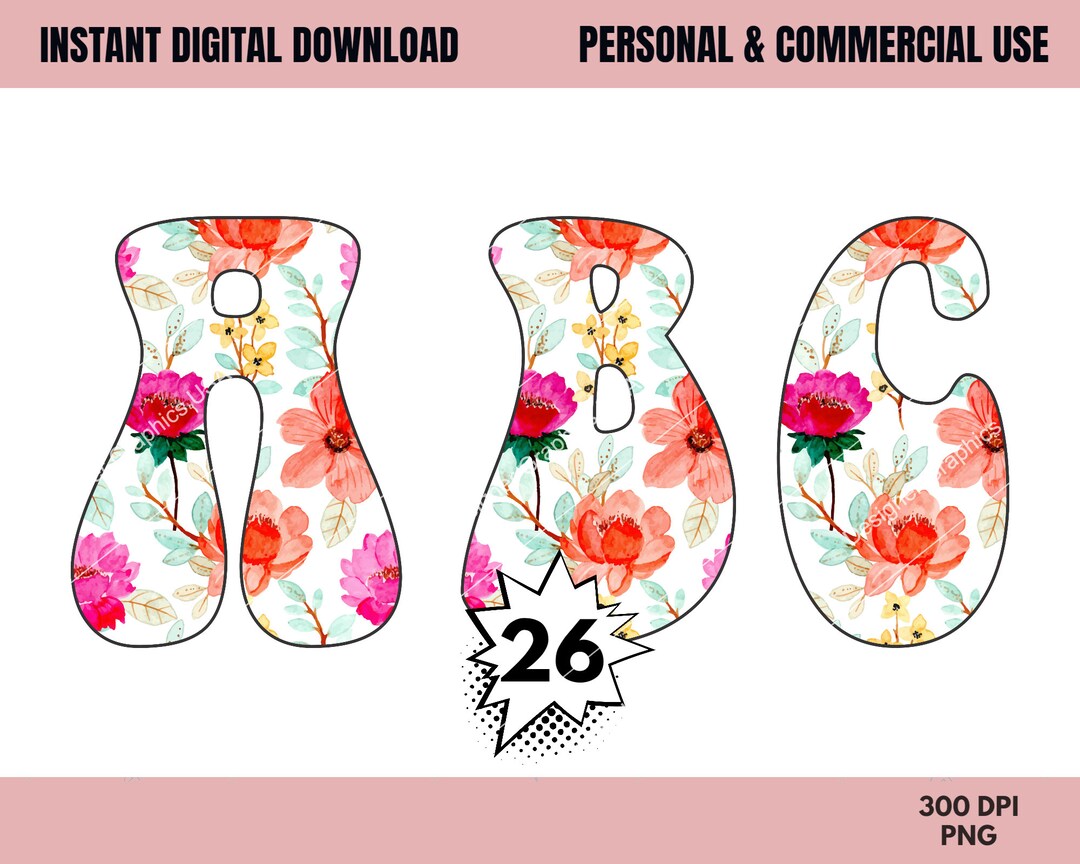 Watercolor Floral Retro Font Png,commercial Use,sublimation,hippie Font ...