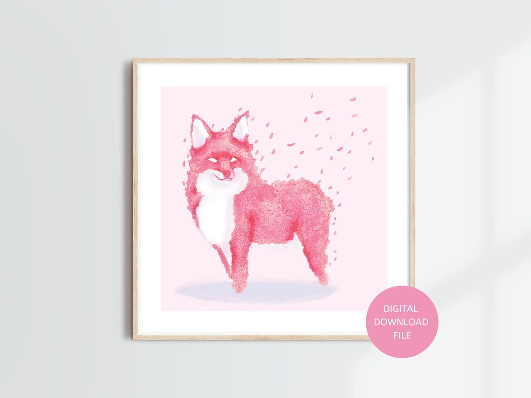 Pink Fox Art Printable for Download Surreal Floral Wall Art - Etsy