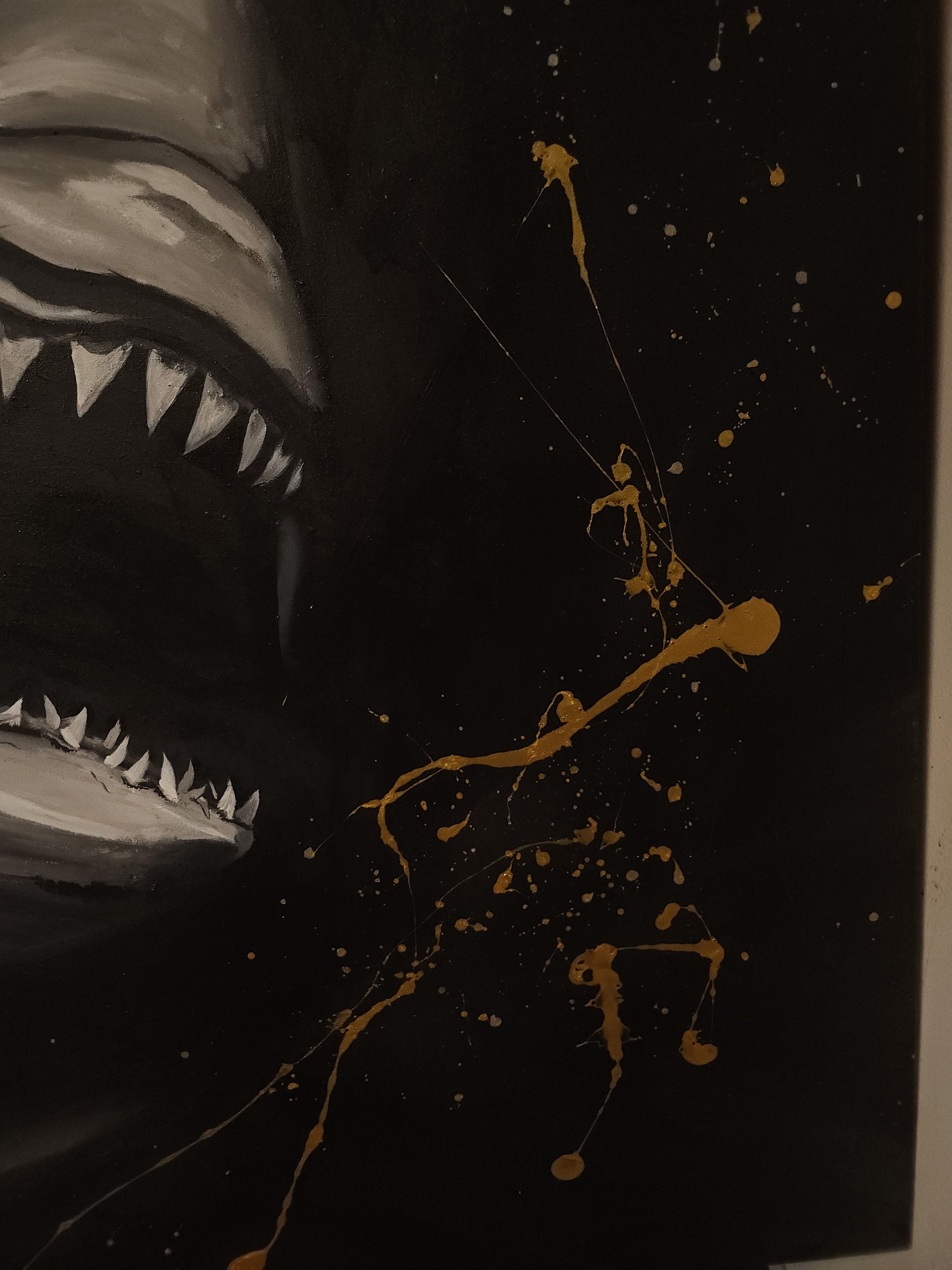 SUSPENSE Large Shark Painting, Black and White Coastal Modern Gold Drip ...