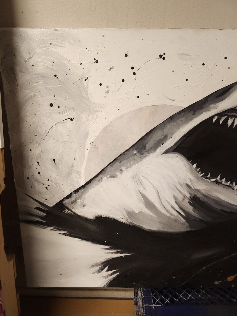 SUSPENSE Large Shark Painting, Black and White Coastal Modern Gold Drip ...