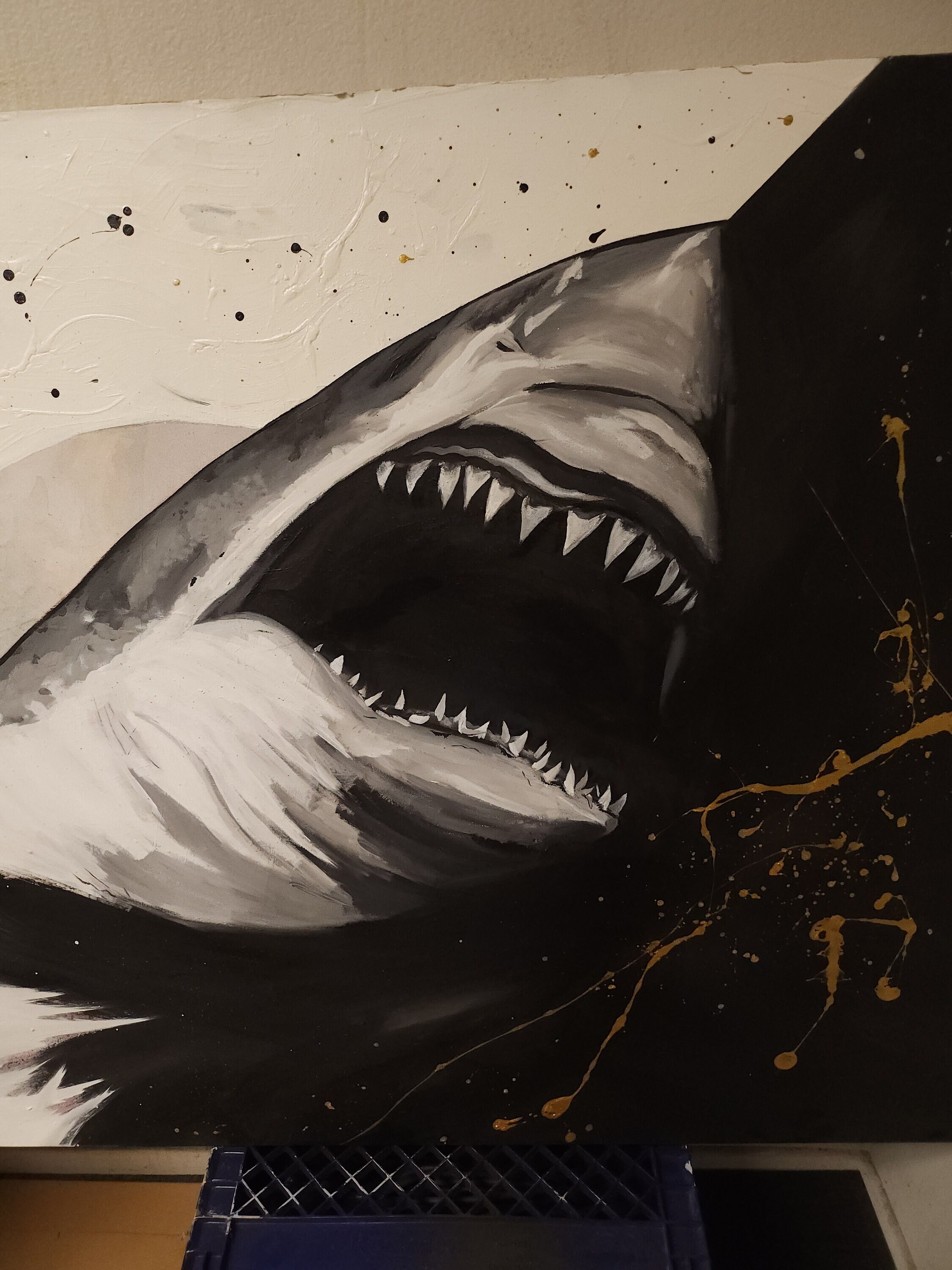 SUSPENSE Large Shark Painting, Black and White Coastal Modern Gold Drip ...