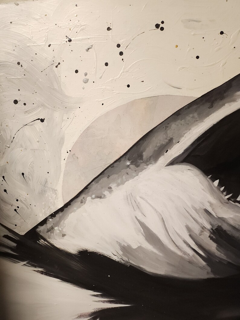 SUSPENSE Large Shark Painting, Black and White Coastal Modern Gold Drip ...
