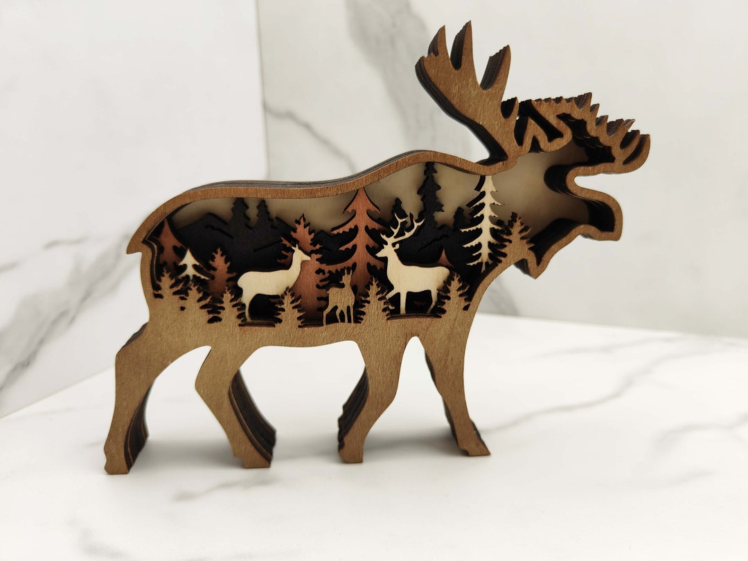 Wooden Moose Sculpture Multilayered Linden Wood Carving Versatile Décor ...