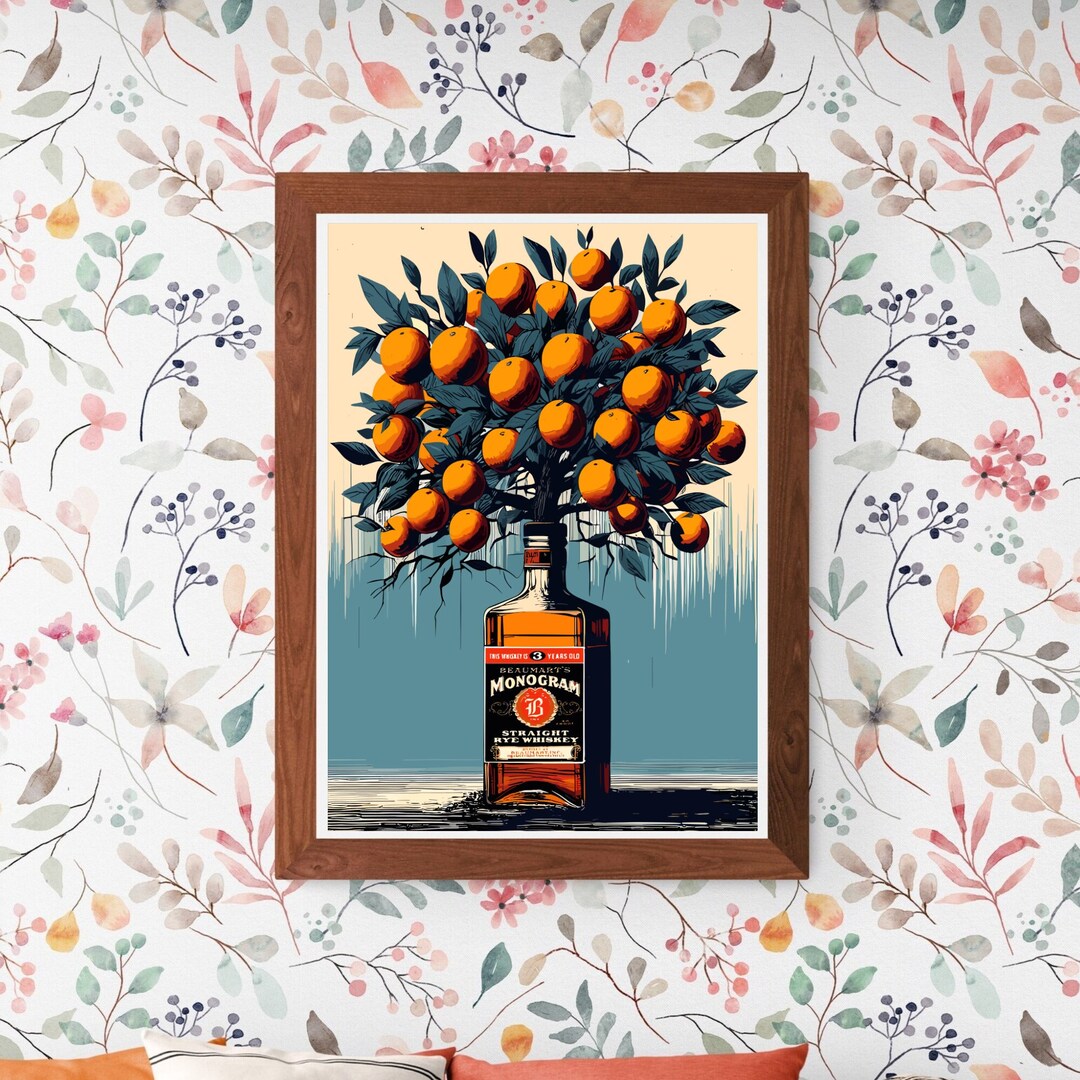 Orange Tree Art Print, Quirky Wall Art, Vintage Whisky Bottle, Kitchen ...