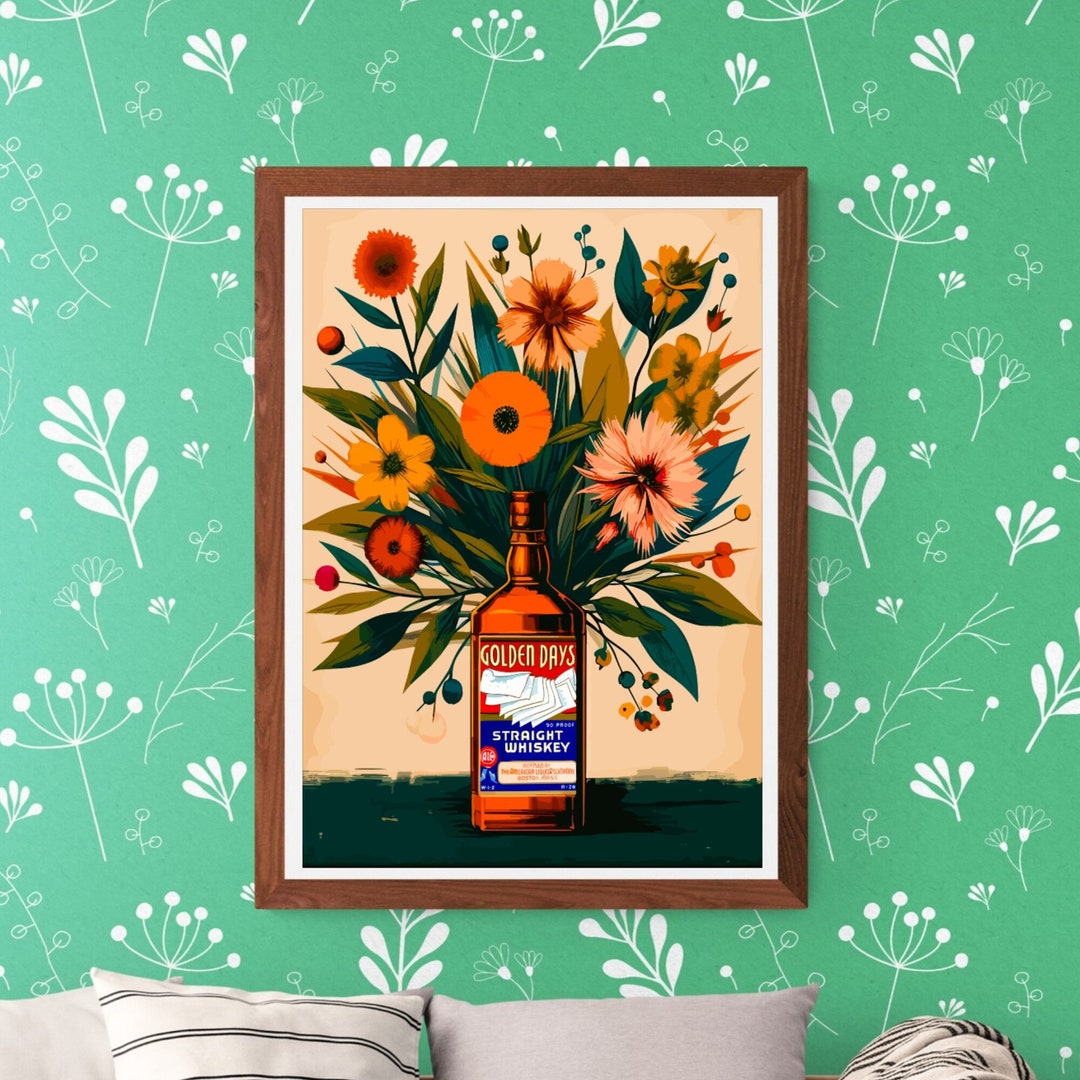 Flower Print Vintage Whisky Bottle, Boho Botanical Wall Art, Unframed ...
